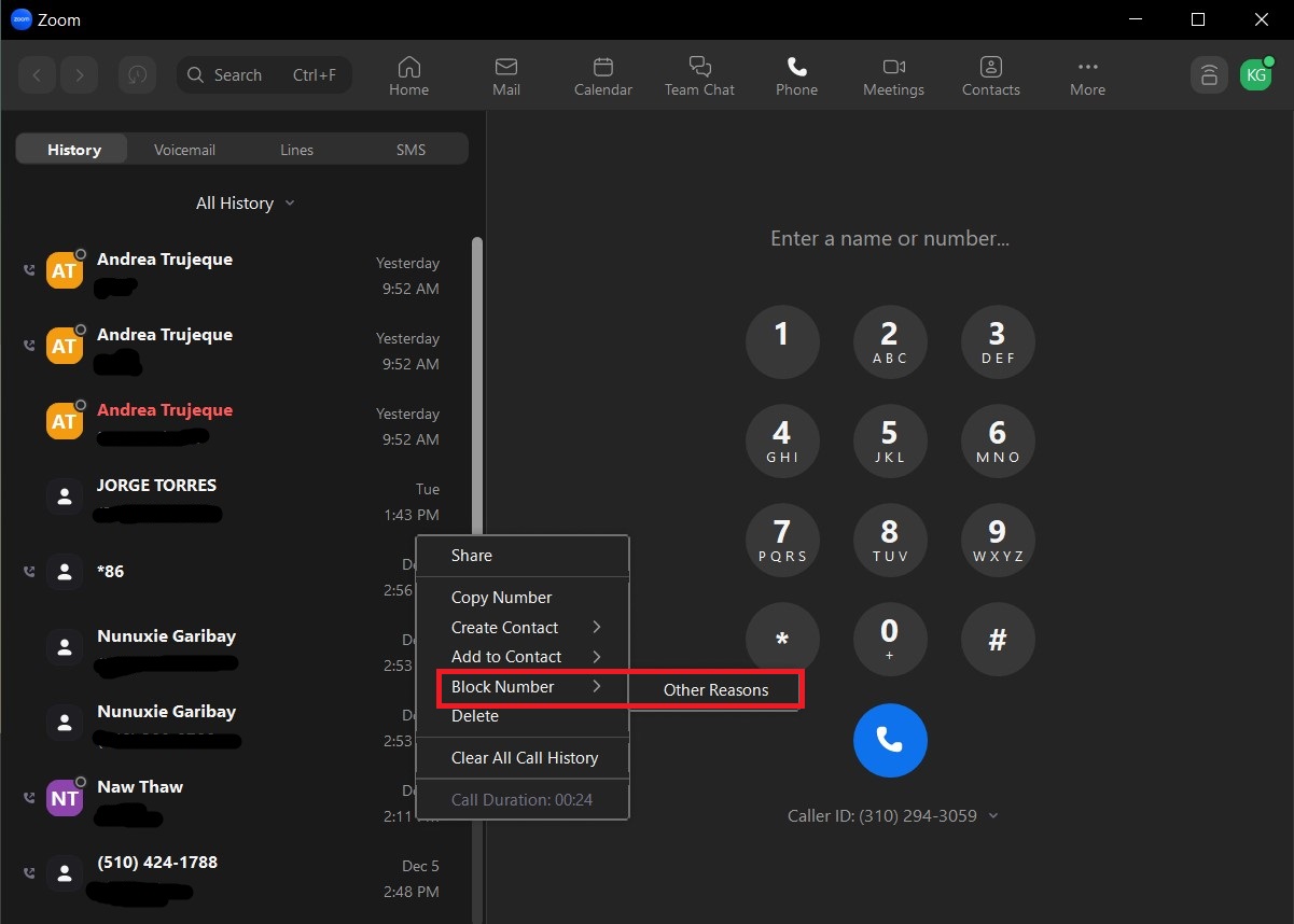 ZOOM: BLOCK Caller IDs and/or Phone Numbers – AFC Franchise Corp